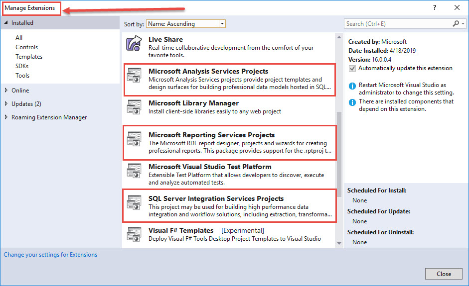 Visual Studio 2019 BI Design Tool Extensions